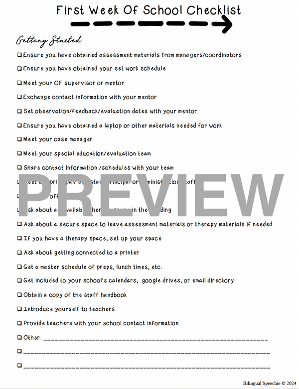 First Week of School Checklist for SLPs - Bilingual Speechie