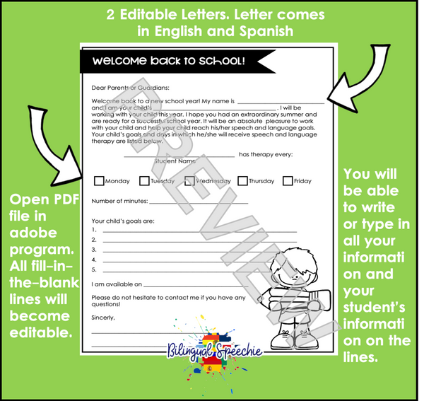 Back to School Editable Speech Therapy Letter to Parents | Bilingual ...