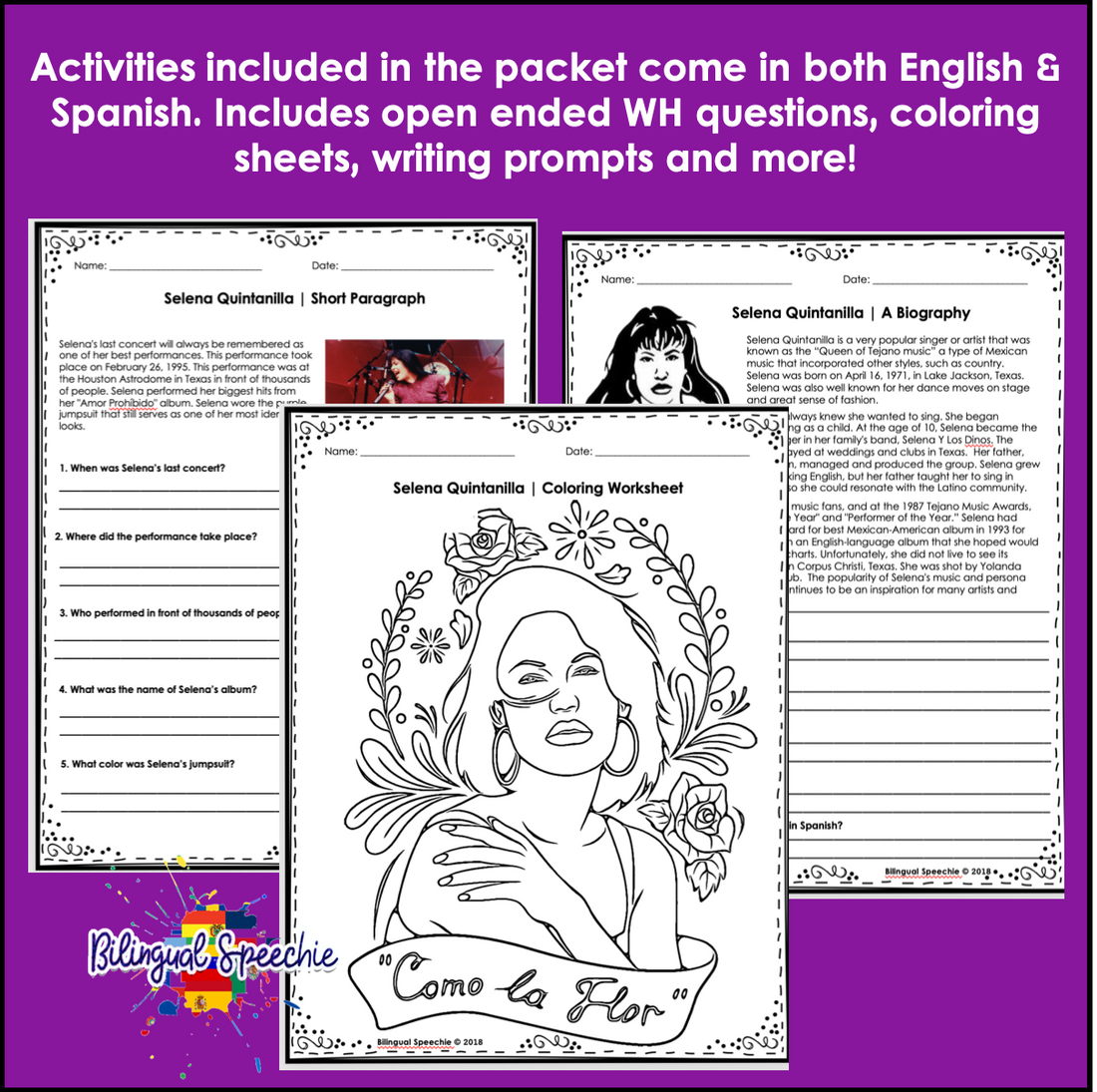 Hispanic Heritage Month | Selena Quintanilla | Editable Reading Compre ...